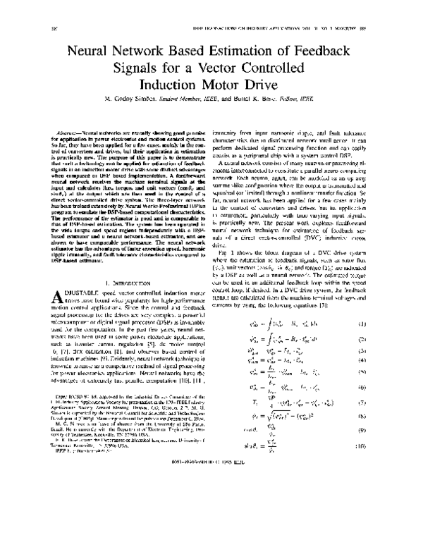 Pdf Neural Network Based Estimation Of Feedback Signals For A Vector