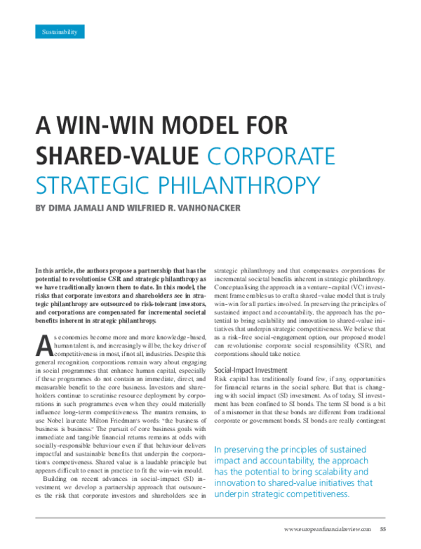 (PDF) A WIN-WIN MODEL FOR SHARED-VALUE CORPORATE STRATEGIC PHILANTHROPY