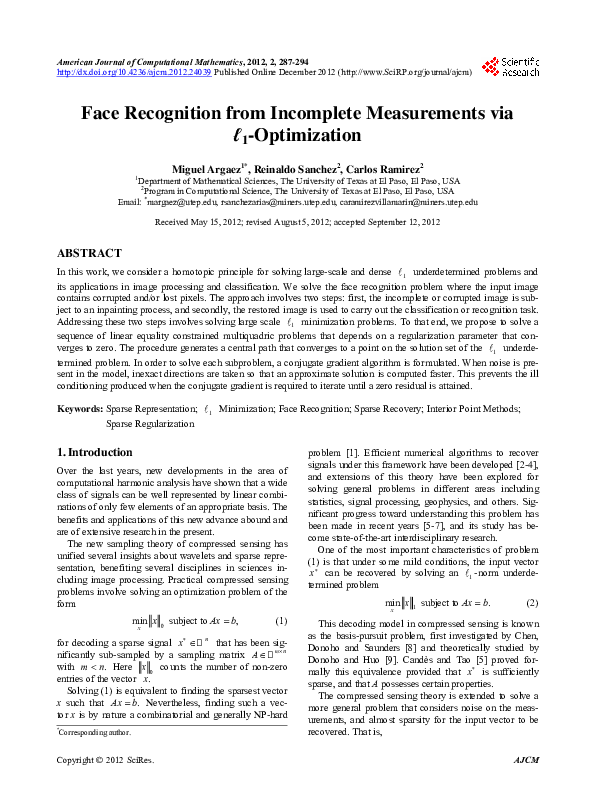 (PDF) Face Recognition from Incomplete Measurements via l1-Optimization