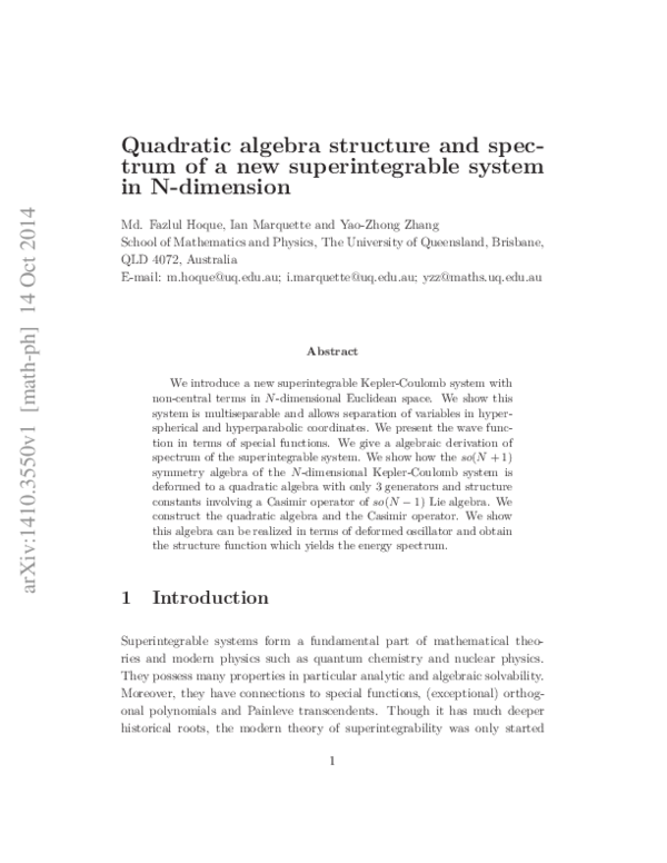 Quadratic algebra structure and spectrum of a new superintegrable system in N-dimension