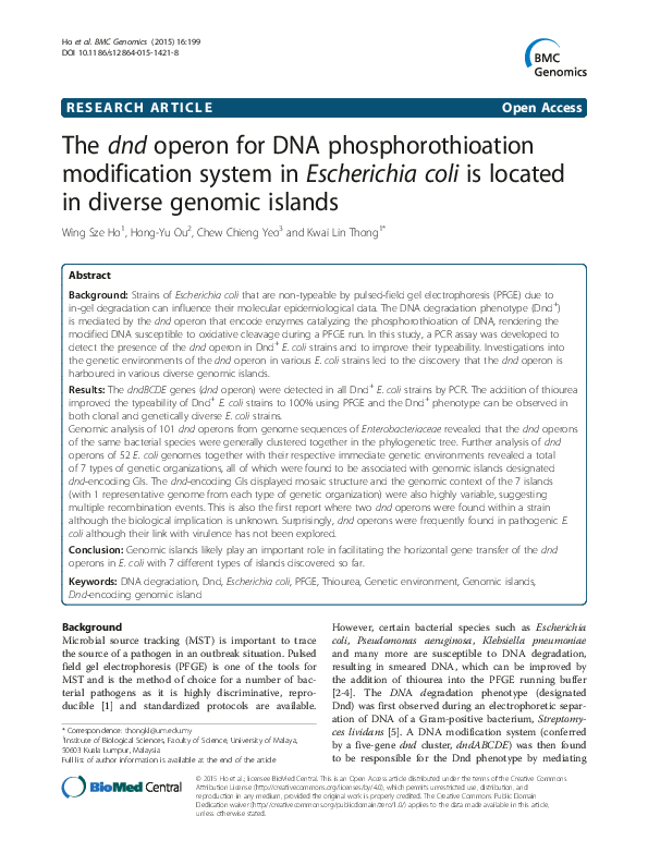 (PDF) The dnd operon for DNA phosphorothioation modification system in ...