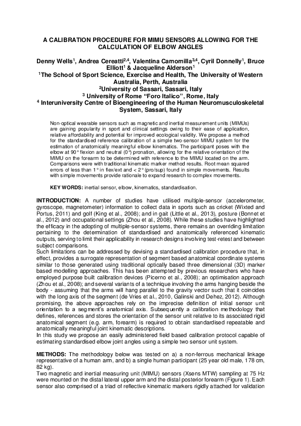 Pdf A Calibration Procedure For Mimu Sensors Allowing For The Calculation Of Elbow Angles