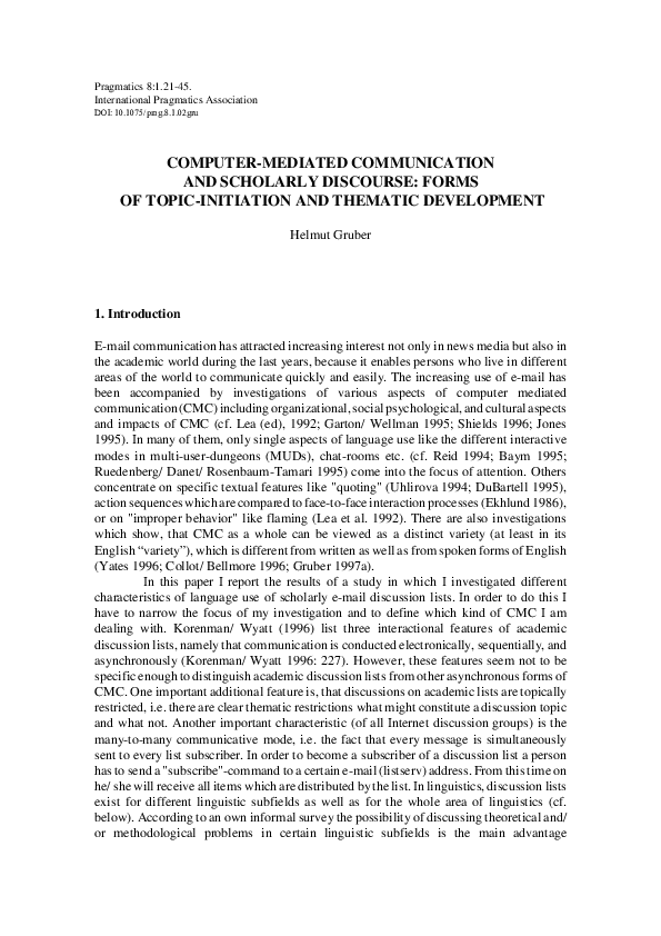 (PDF) Computer- mediated communication and scholarly discourse: Forms of topic- initiation and ...