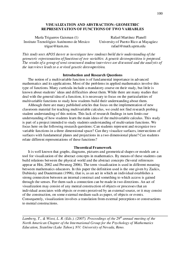 (PDF) Visualization and abstraction- Geometric representation of functions of two variables