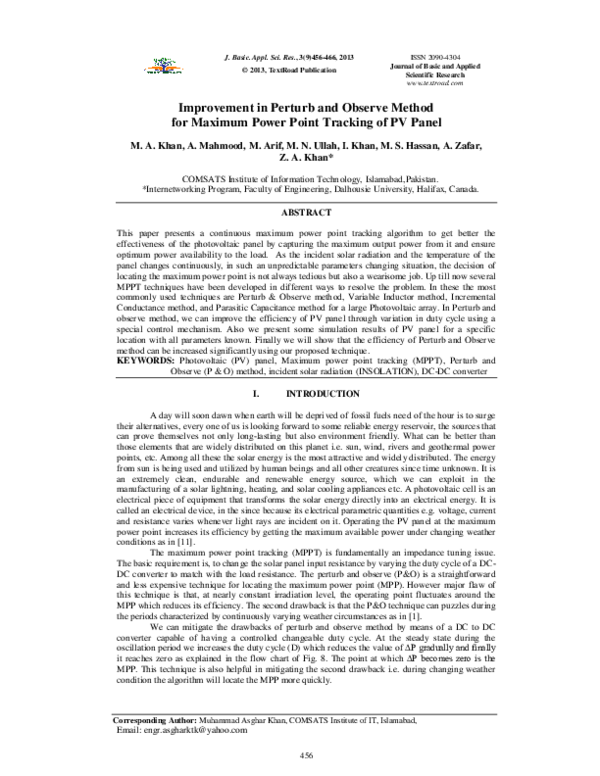 (PDF) Improvement in Perturb and Observe Method for Maximum Power Point Tracking of PV Panel