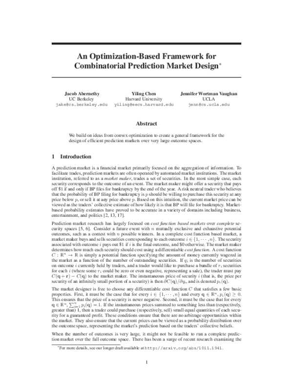 Pdf An Optimization Based Framework For Combinatorial Prediction Market Design 9831