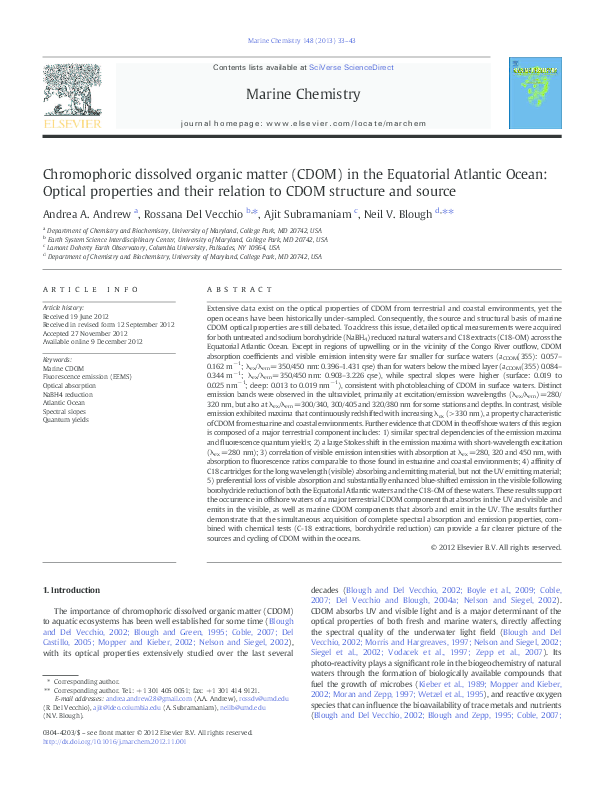 (PDF) Chromophoric dissolved organic matter (CDOM) in the Equatorial Atlantic Ocean: Optical ...