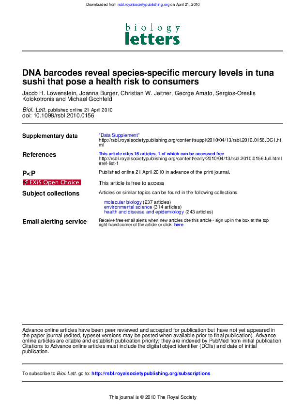(PDF) DNA barcodes reveal species-specific mercury levels in tuna sushi ...