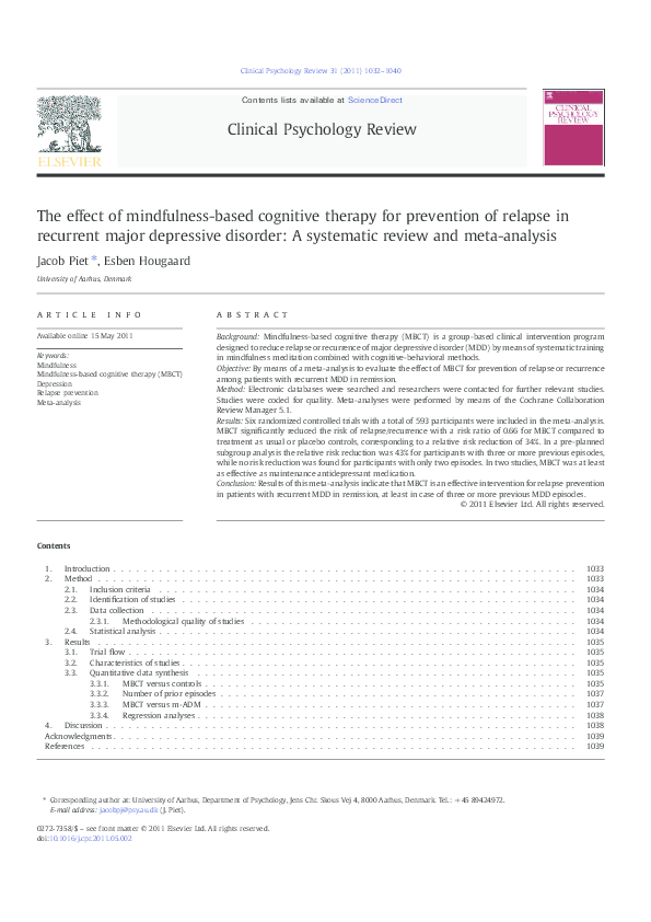 (PDF) The effect of mindfulness-based cognitive therapy for prevention of relapse in recurrent ...