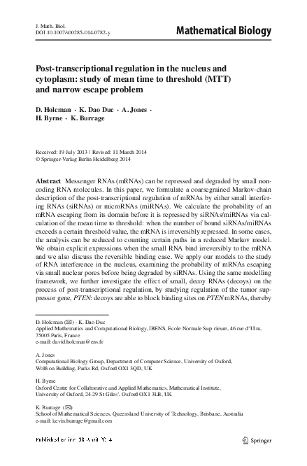 (PDF) Post-transcriptional regulation in the nucleus and cytoplasm: study of mean time to ...