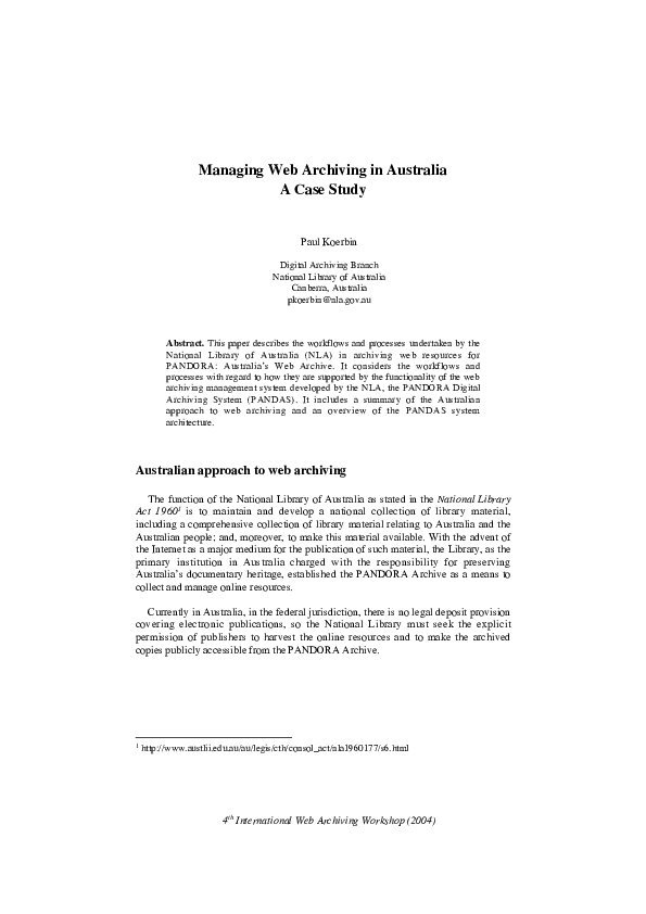 (PDF) Managing web archiving in Australia : a case study