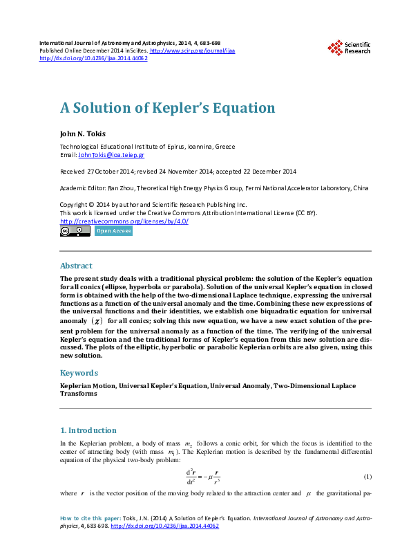 (PDF) A Solution of Kepler’s Equation