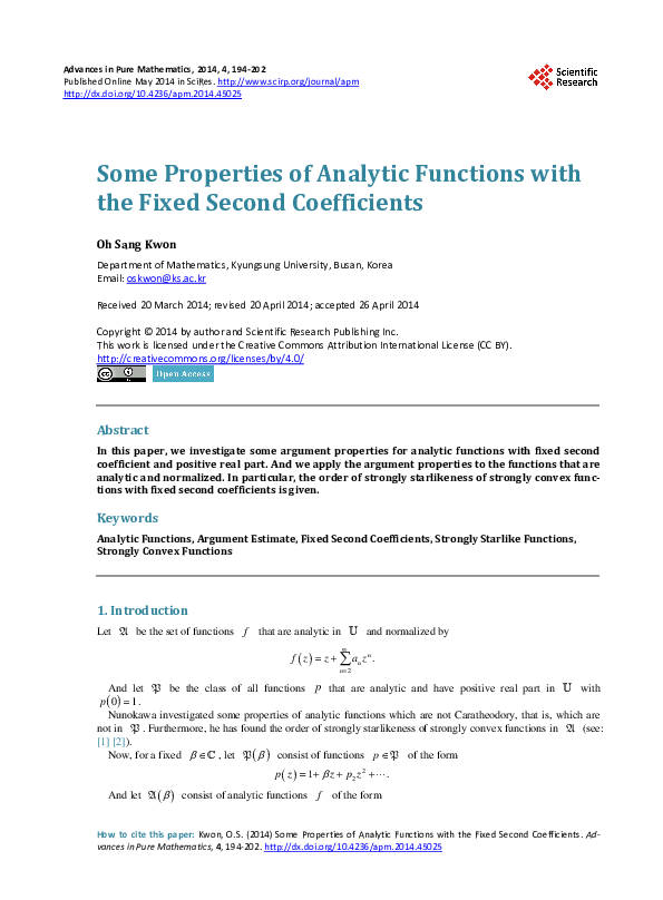 Pdf Some Properties Of Analytic Functions With The Fixed Second