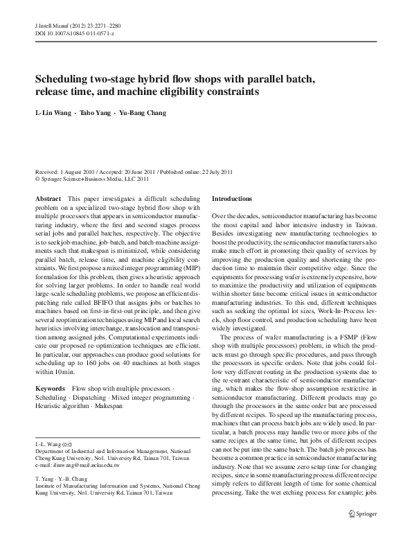 (PDF) Scheduling two-stage hybrid flow shops with parallel batch, release time, and machine ...
