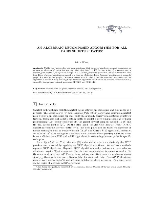 Pdf An Algebraic Decomposed Algorithm For All Pairs Shortest Paths