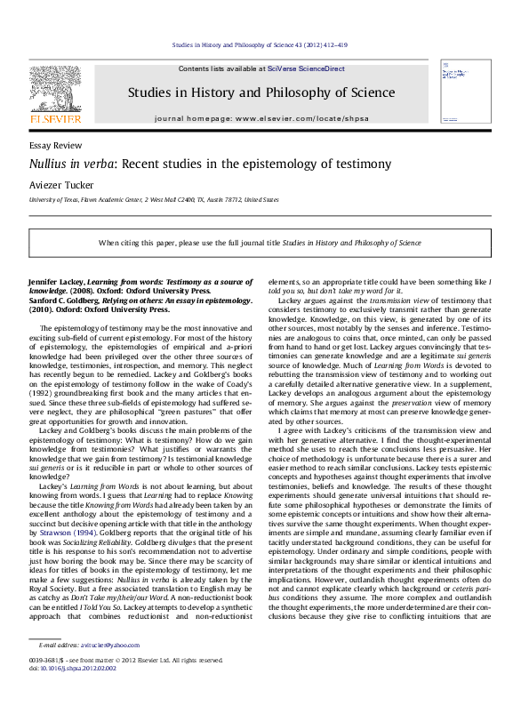 (PDF) Nullius in verba: Recent Studies in the Epistemology of Testimony ...