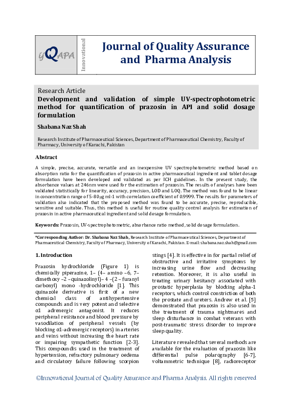 Pdf Development And Validation Of Simple Uv Spectrophotometric Method For Quantification Of