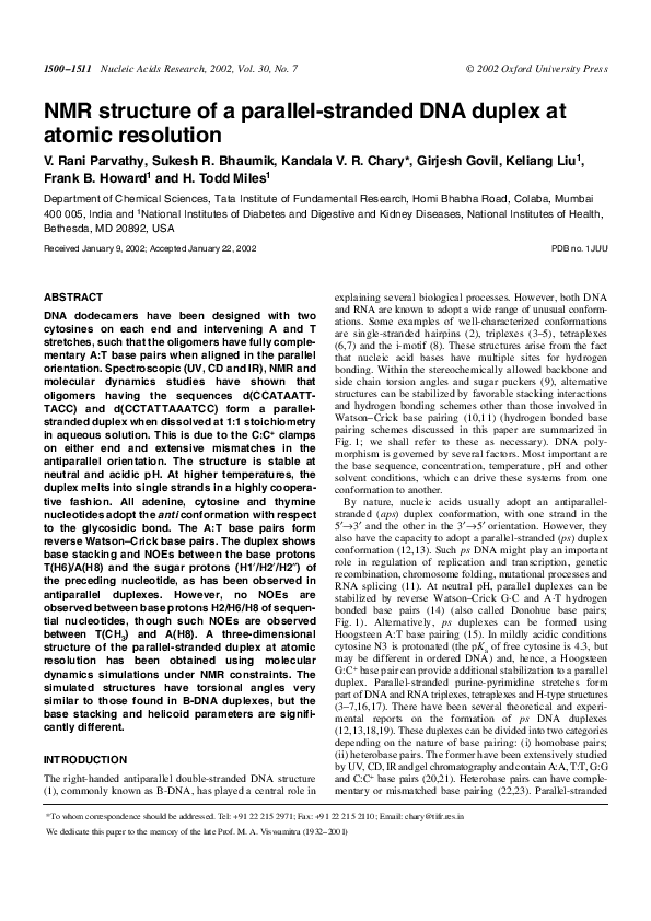 (PDF) NMR structure of a parallel-stranded DNA duplex at atomic resolution