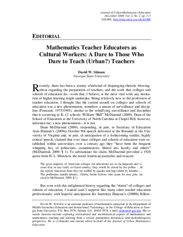 (PDF) Mathematics Teacher Educators as Cultural Workers: A Dare to ...