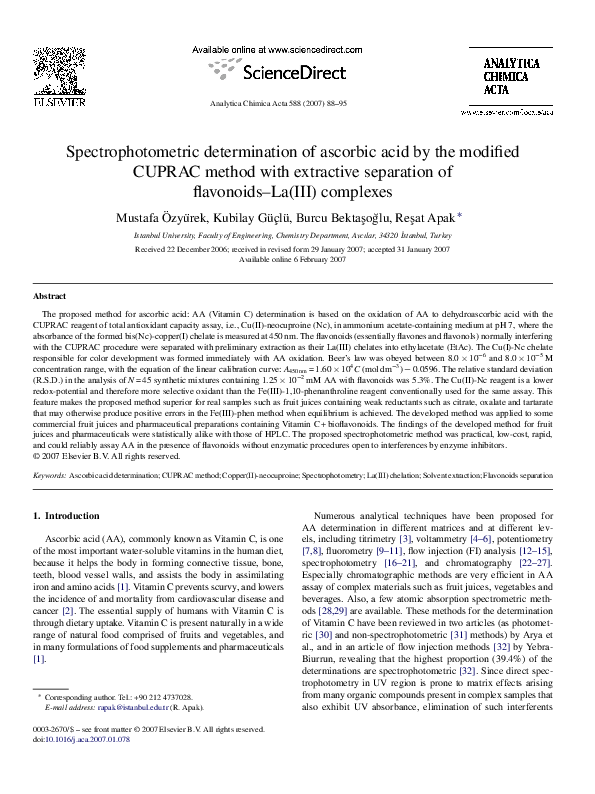 Pdf Spectrophotometric Determination Of Ascorbic Acid By The Modified Cuprac Method With