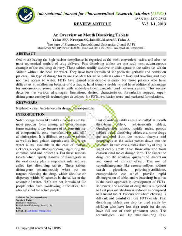 (PDF) An Overview on Mouth Dissolving Tablets