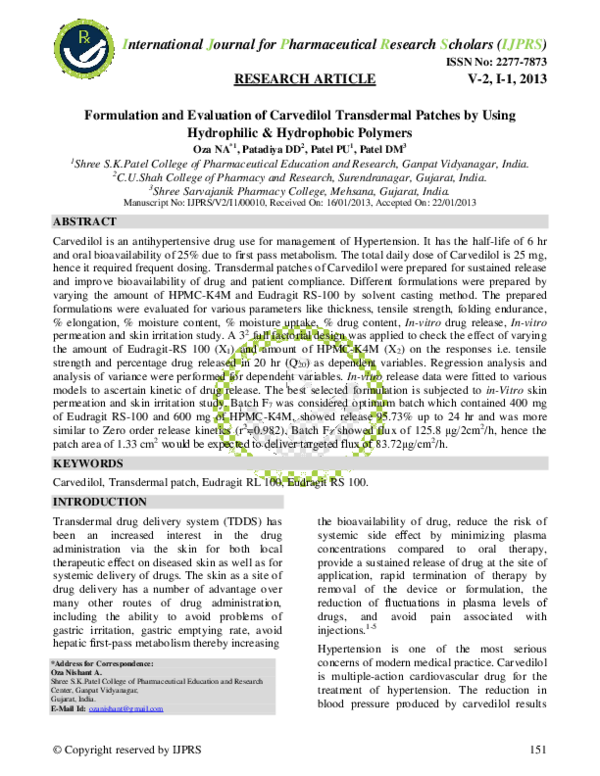 Pdf Formulation And Evaluation Of Carvedilol Transdermal Patches By Using Hydrophilic