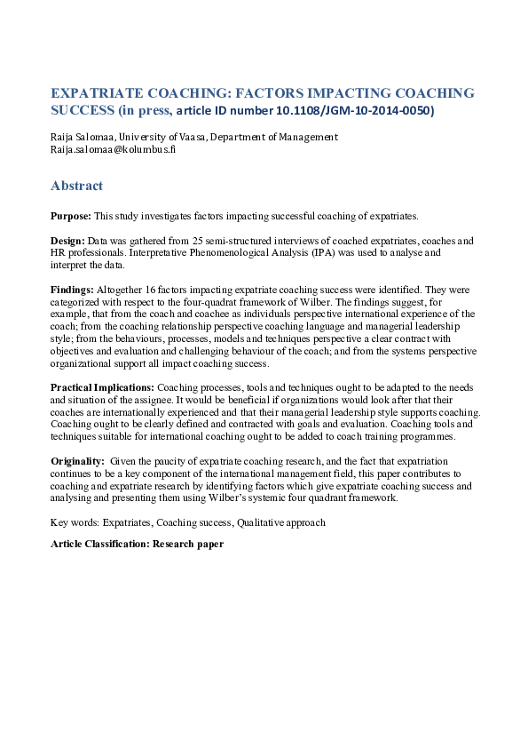 (PDF) Expatriate coaching: Factors impacting coaching success