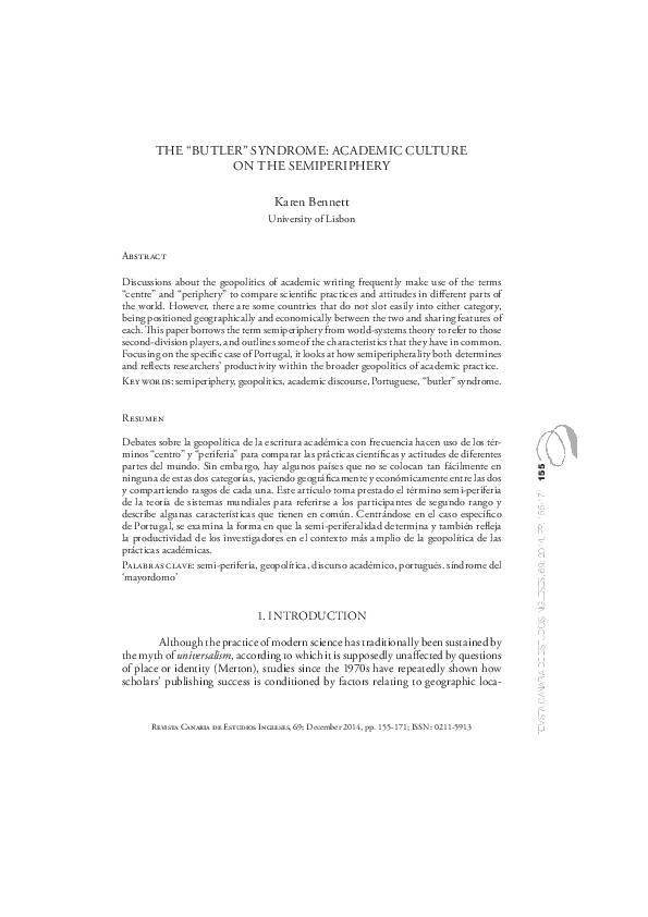 (PDF) The 'butler' syndrome: academic discourse on the semiperiphery