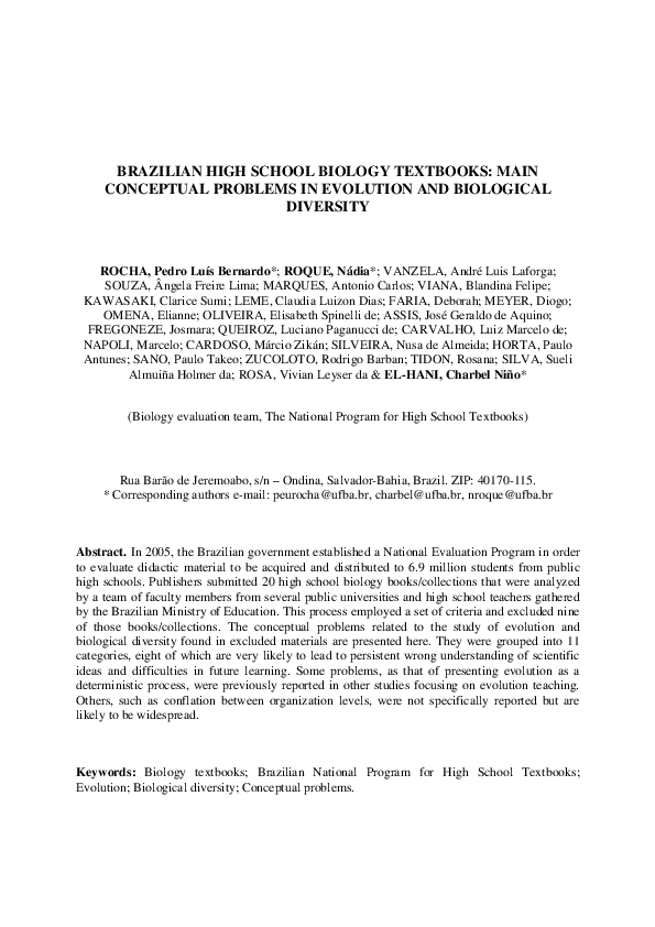 Pdf Brazilian High School Biology Textbooks Main Conceptual Problems In Evolution And