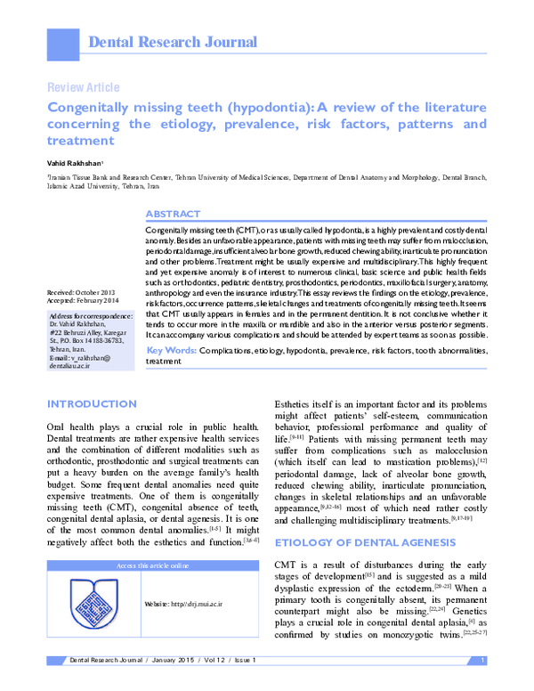 Congenitally missing teeth (hypodontia): A review of the literature ...