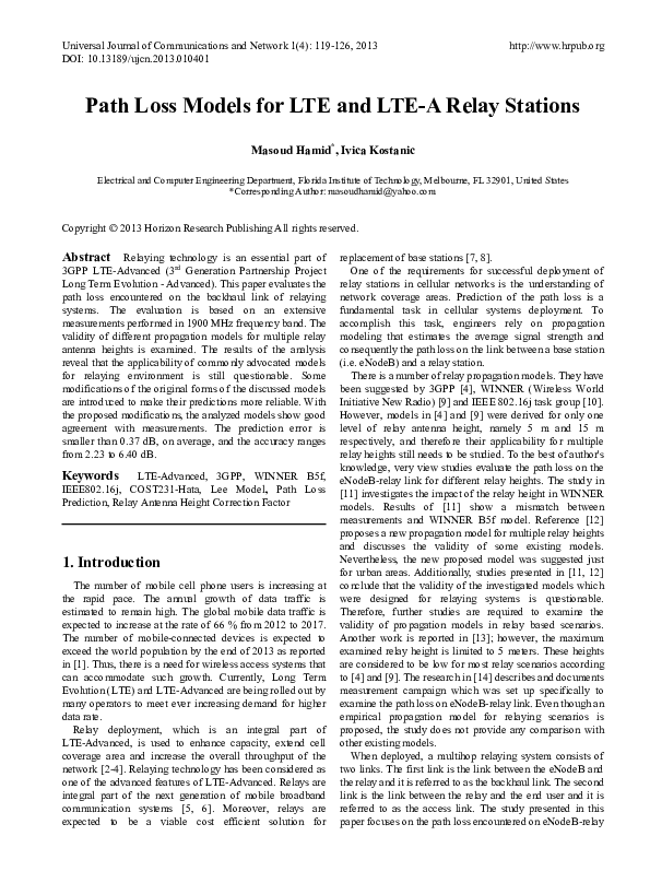 (PDF) Path Loss Models for LTE and LTE-A Relay Stations