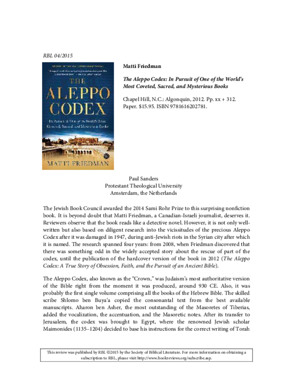 (PDF) Review of: Matti Friedman, The Aleppo Codex