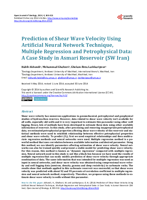 Pdf Prediction Of Shear Wave Velocity Using Artificial Neural Network