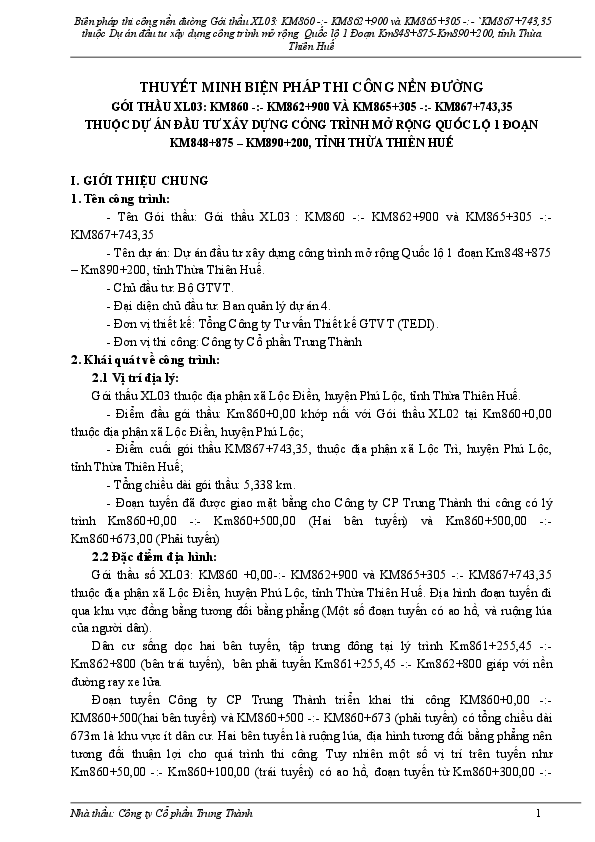 (DOC) THUY T MINH BI N PHÁP THI CÔNG N N Đ NG 1 ĐO N KM848+875 – KM890+200, TỈNH THỪA THIÊN HUẾ