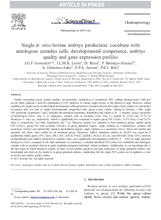(DOC) Single in vitro bovine embryo production coculture with