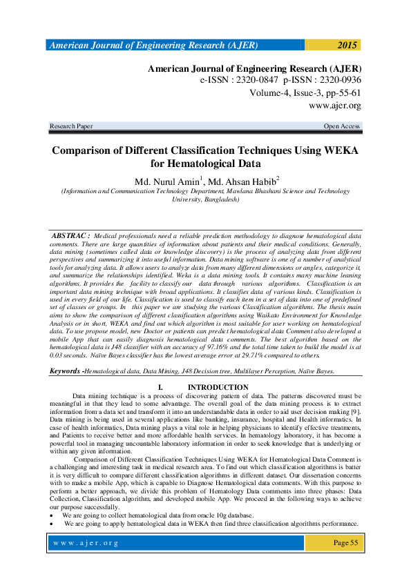 Pdf Comparison Of Different Classification Techniques Using Weka For Hematological Data
