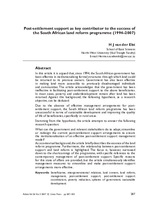 (PDF) Post settlement support as key contributor to the success of the ...