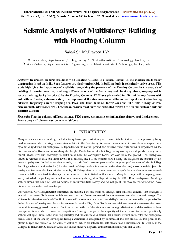(PDF) Seismic Analysis of Multistorey Building with Floating Column