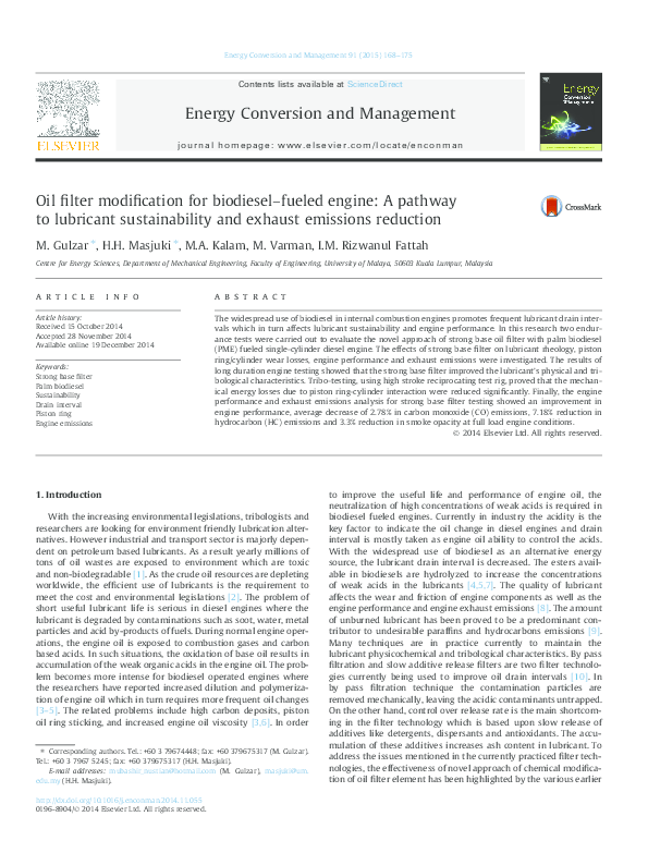 (PDF) Oil filter modification for biodiesel–fueled engine: A pathway to ...