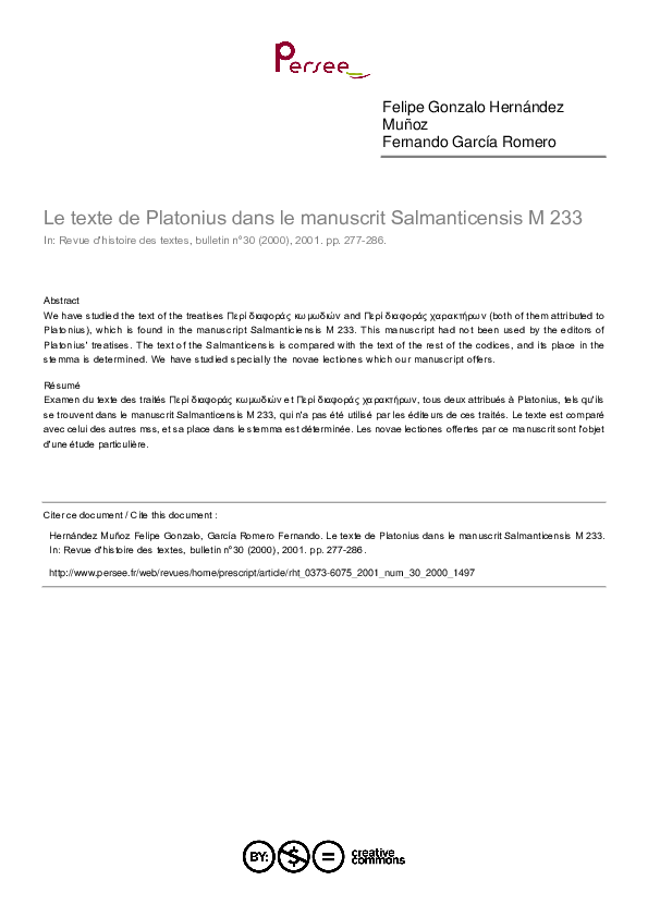 (PDF) Le texte de Platonius dans le manuscrit Salmanticensis M 233