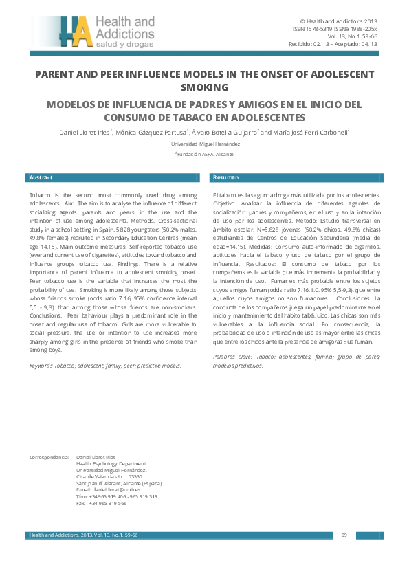 (PDF) Parent and peer influence models in the onset of adolescent smoking