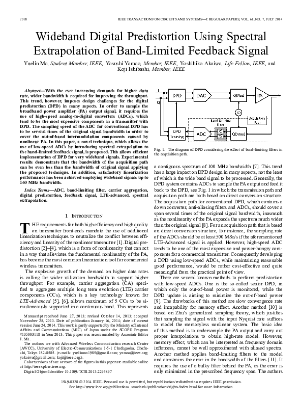 (PDF) Wideband Digital Predistortion Using Spectral Extrapolation of Band-Limited Feedback Signal