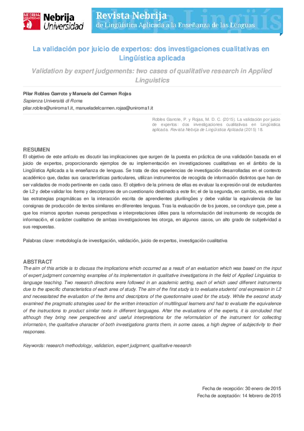 (PDF) La validación por juicio de expertos: dos investigaciones ... (PDF) La validación por juicio de expertos: dos investigaciones ...