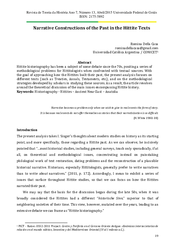 (PDF) Narrative Constructions of the Past in the Hittite Texts