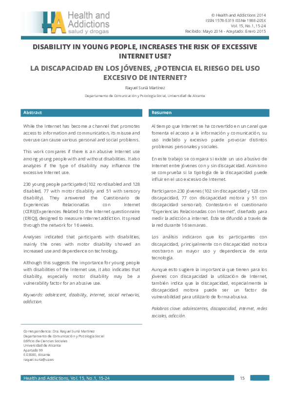 (PDF) Disability in young people, increases the risk of excessive ...