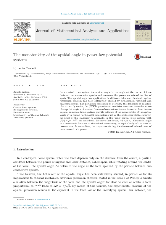 (PDF) The monotonicity of the apsidal angle in power-law potential systems