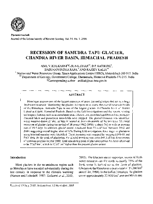 (PDF) Recession of samudra tapu glacier, chandra river basin, Himachal ...