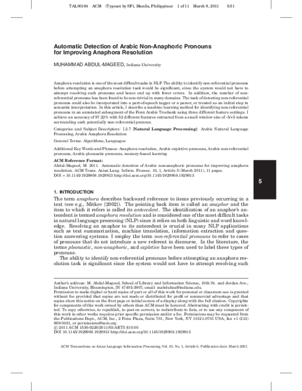 (PDF) Automatic Detection of Arabic Non-Anaphoric Pronouns for Improving Anaphora Resolution