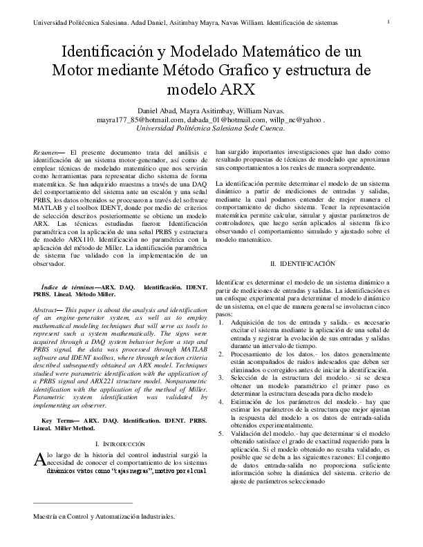 (PDF) Identificación y Modelado Matemático de un Motor mediante Método ...