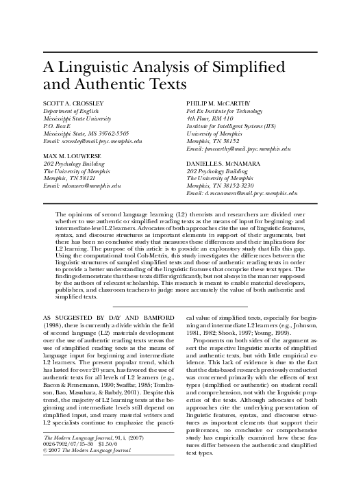 (PDF) A linguistic analysis of simplified and authentic texts